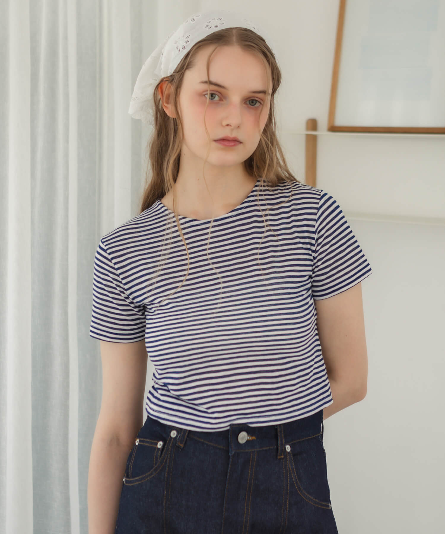 Sheer Strip Short T-Shirt | HEILIS